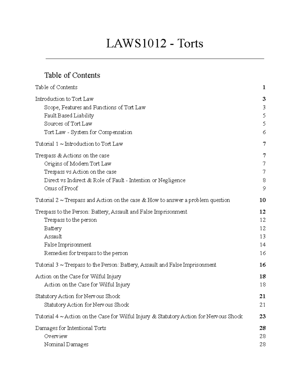 Torts Notes Note Son The Law Of Torts Laws1012 Usyd Studocu