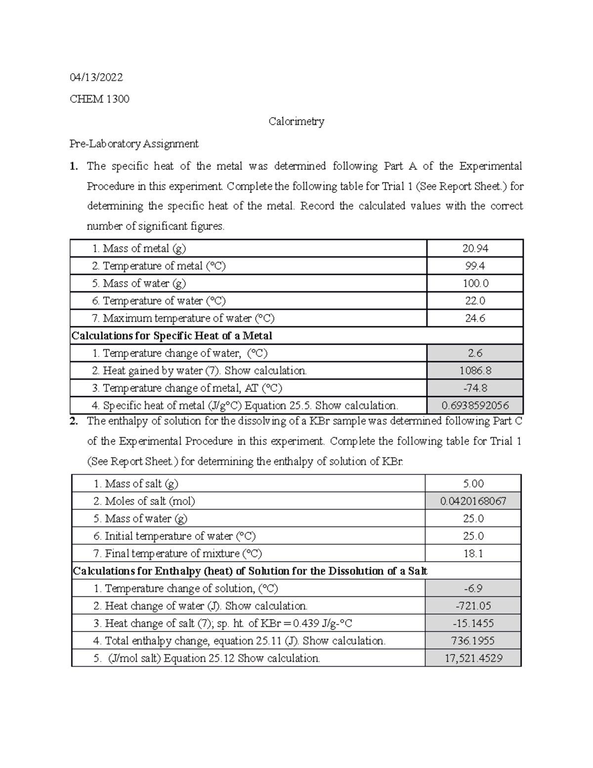 Calorimetry Lab Report 0413 Chem 1300 Calorimetry Pre Laboratory