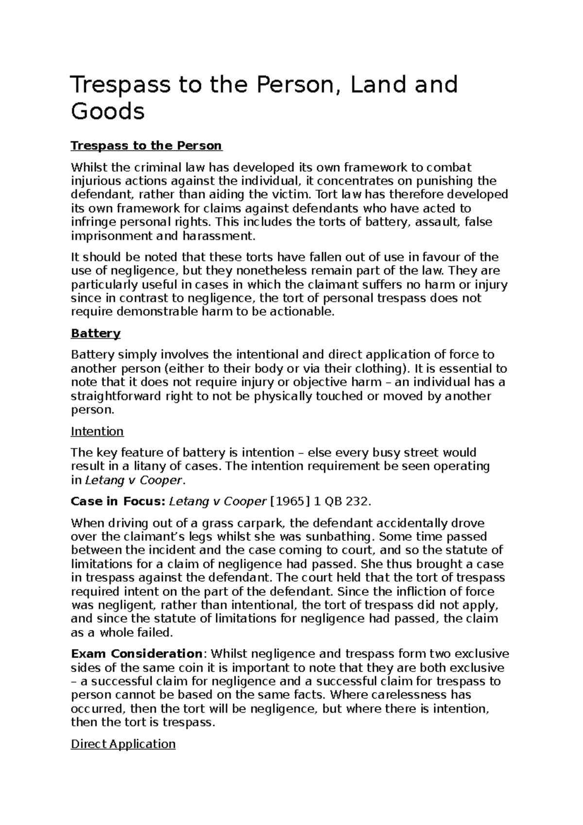 Trespass Tort Law Notes Trespass To The Person Land And Goods