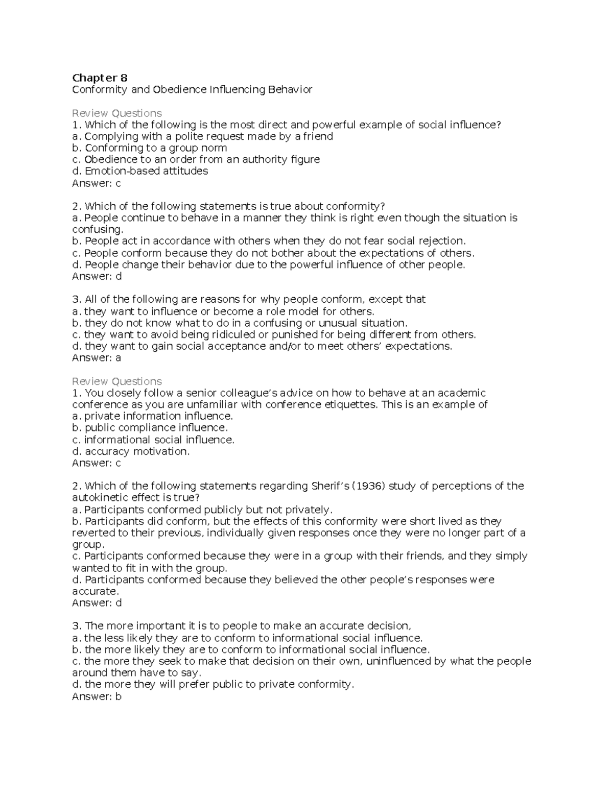 Chapter 8 Review Questions Chapter 8 Conformity And Obedience