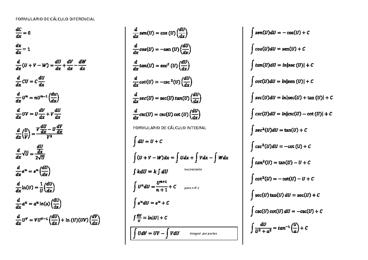 Formulario Permitido De Calculo Diferencia E Integral Formulario De