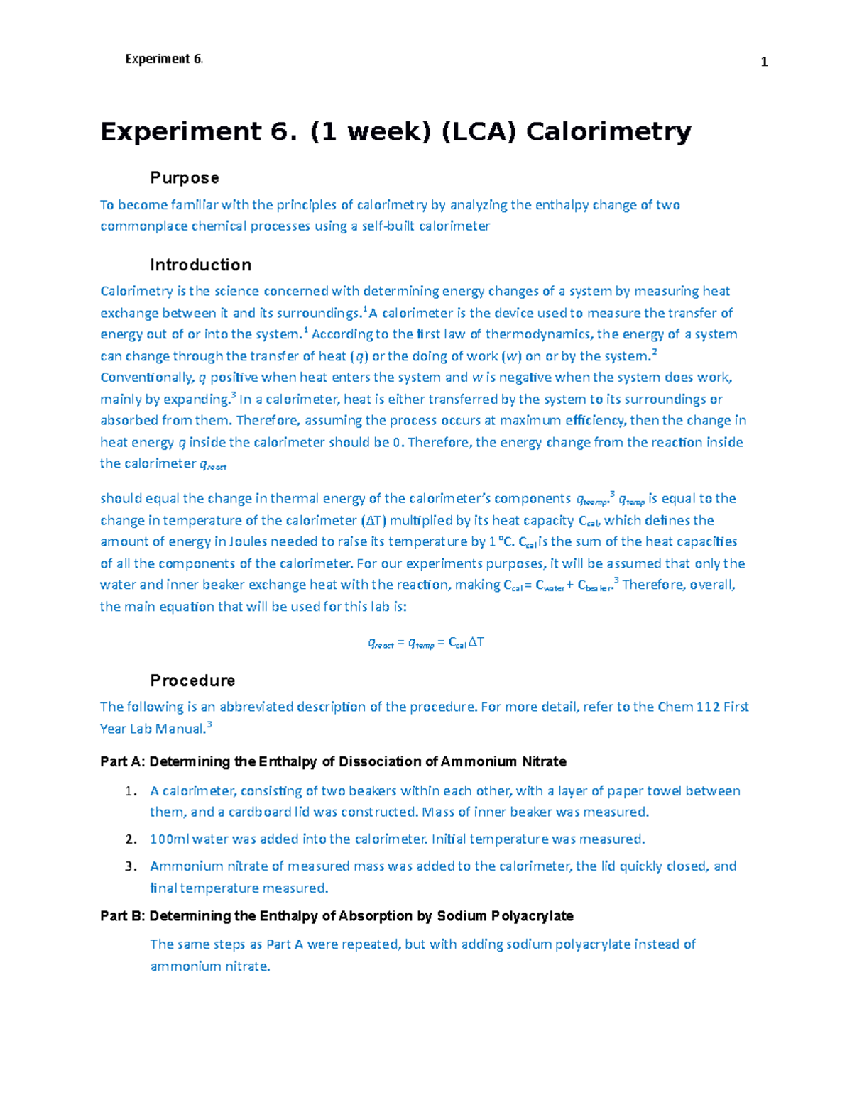 Calorimetry Lab Experiment 6 1 Week Lca Calorimetry Purpose To