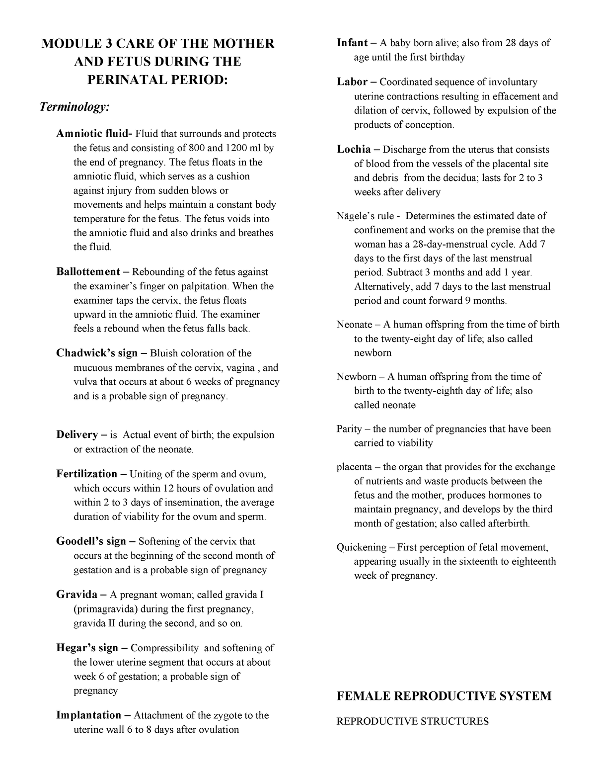 Module 3 Care Of The Mother And Fetus During The Perinatal Period