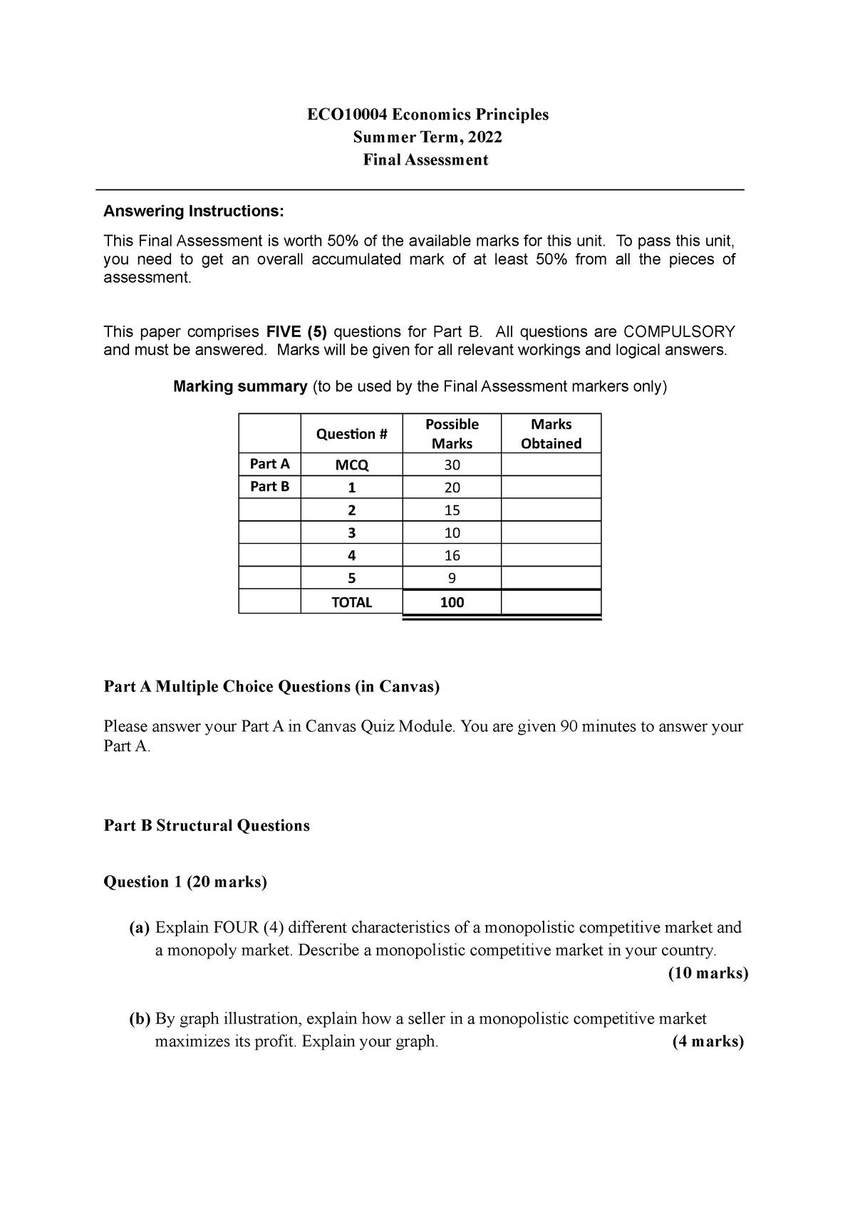 Econs Final Exam Eco10004 Economics Principles Summer Term 2022