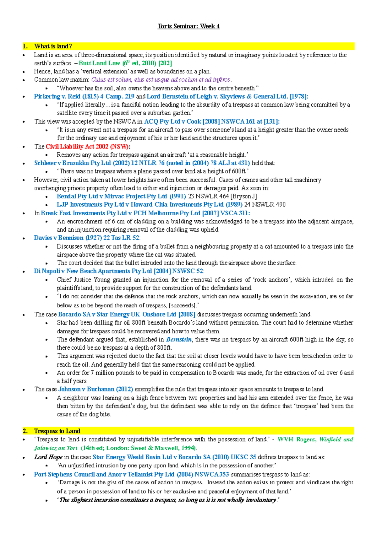 Torts Week 4 Notes Torts Seminar Week 4 What Is Land Land Is An