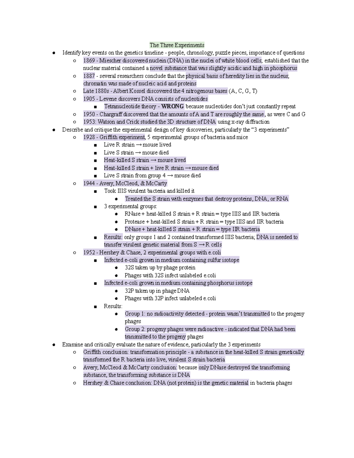 Bio 142 Exam 1 Study Guide The Three Experiments Identify Key Events