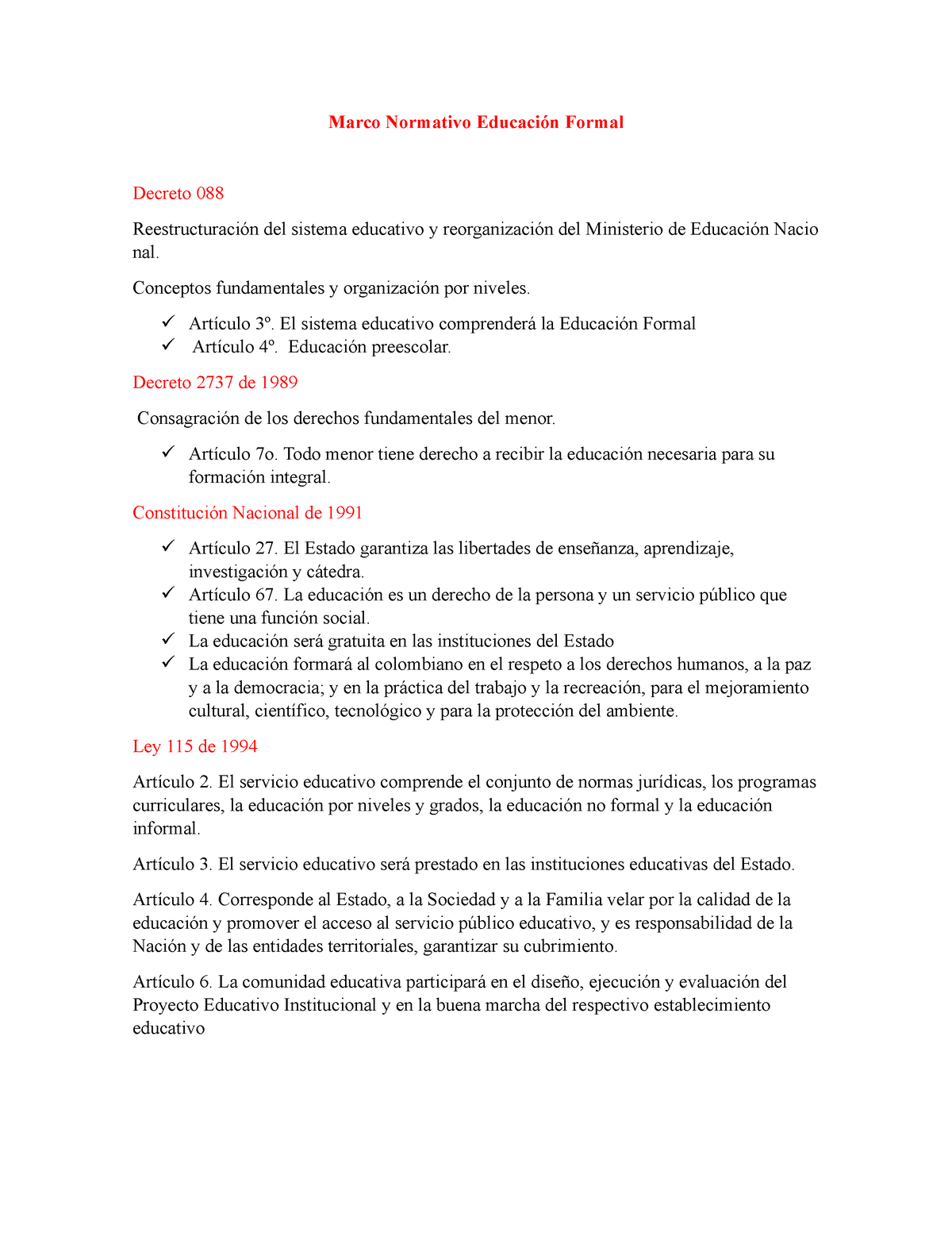 Cuadro Comparativo Decretos Marco Normativo Educación Formal