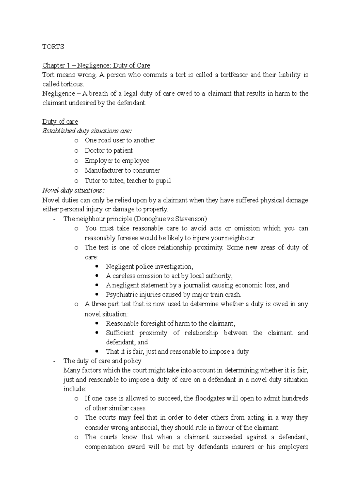 Torts Summary Tort Law Torts Chapter 1 Negligence Duty Of Care