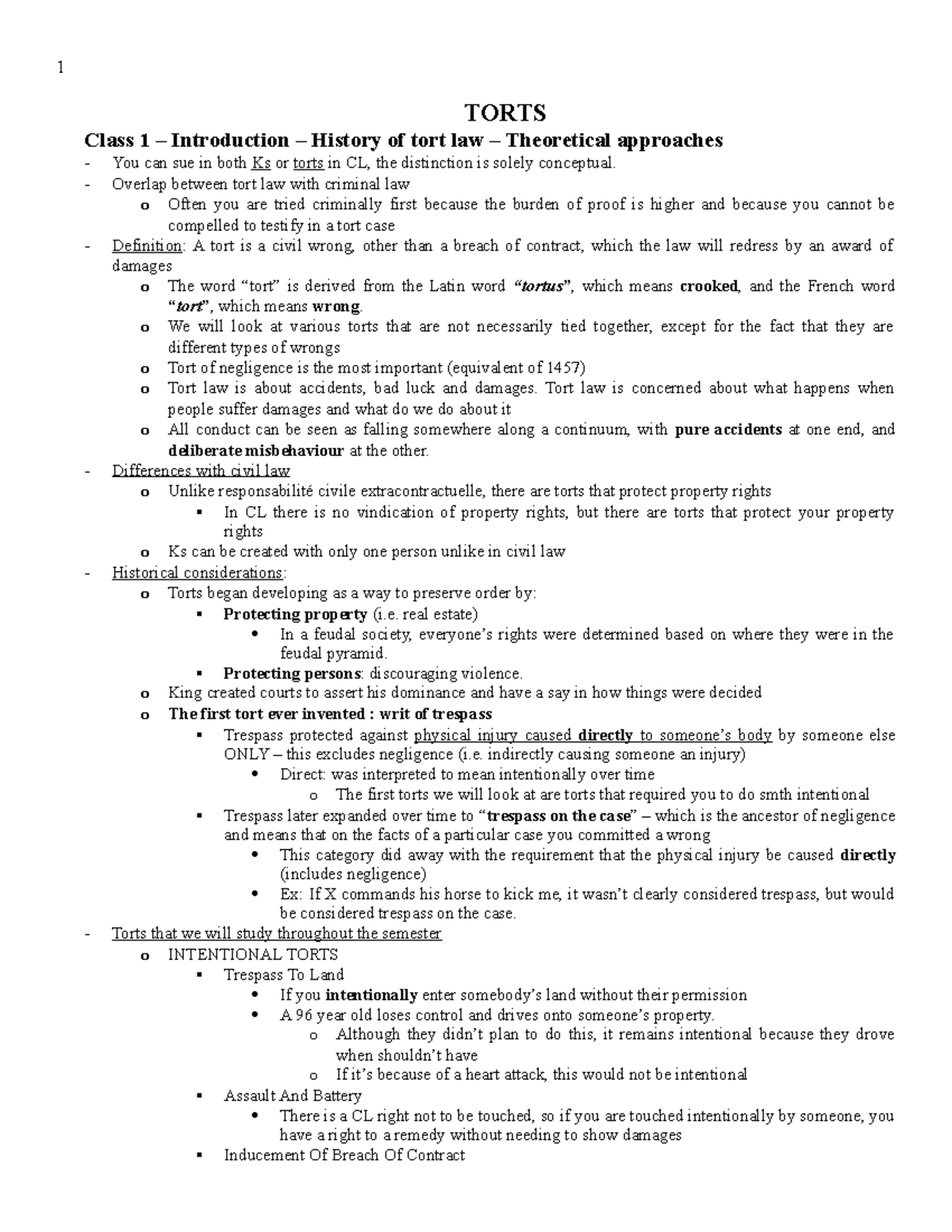 Notes Torts Tort Law Note And Caselaw Included Torts Class 1