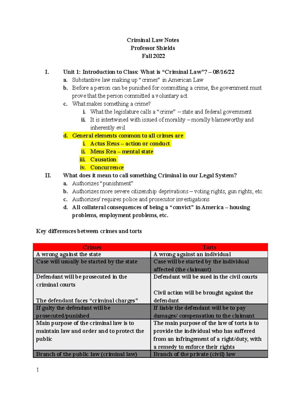 Crim Law 2022 Notes Criminal Law Notes Professor Shields Fall 2022 I