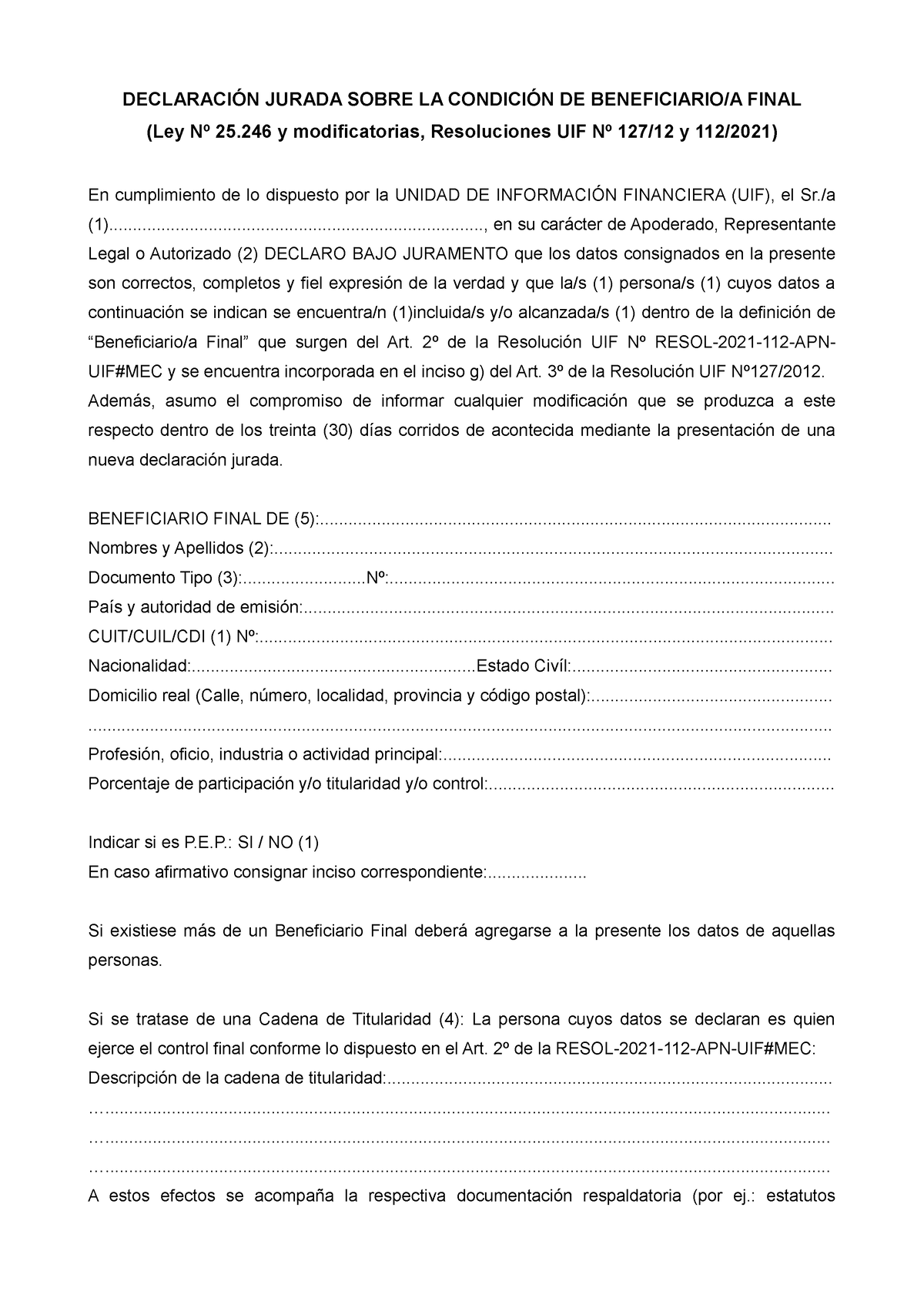 Ddjj Sobre La Condición De Beneficiario Final DeclaraciÓn Jurada