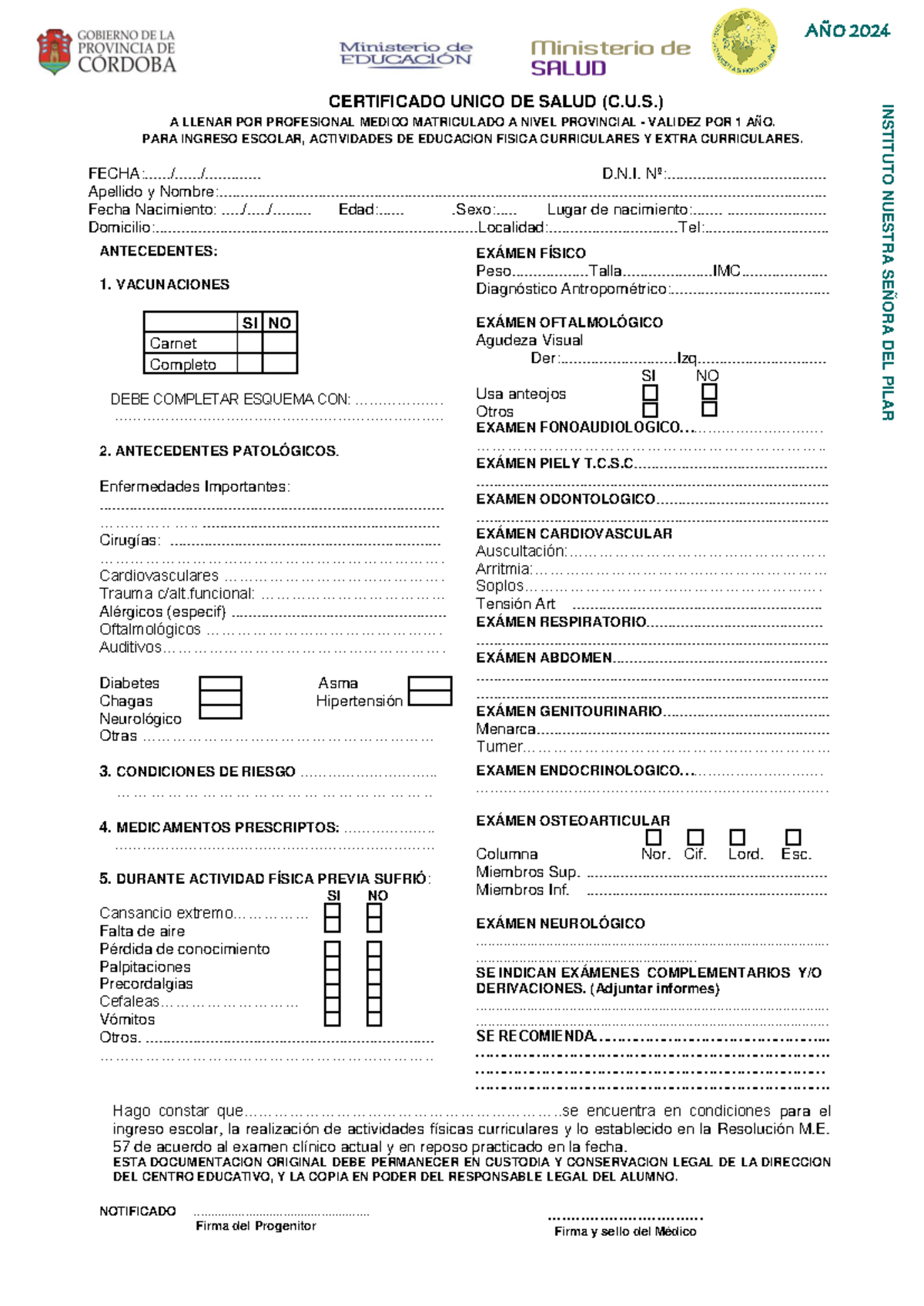 Cus 2024 AÑo 202 4 Certificado Unico De Salud Cu A Llenar Por