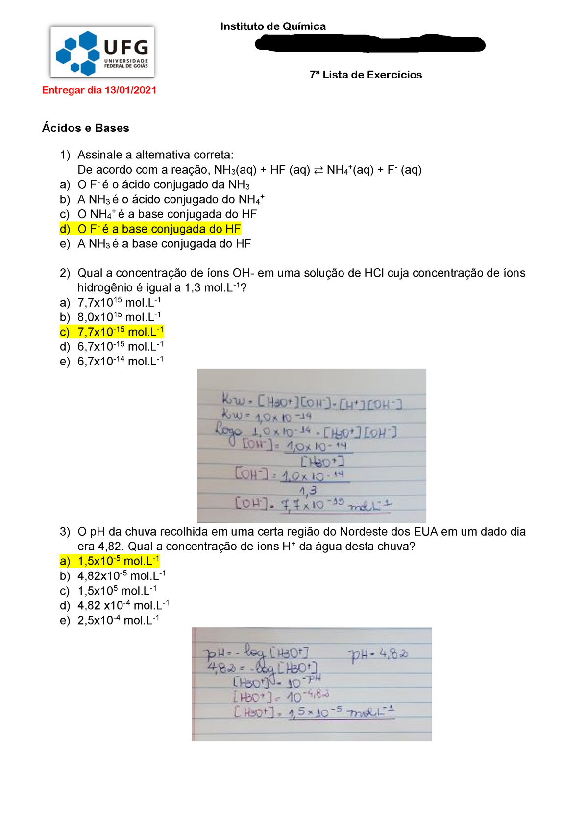 7ª Lista De Exercícios Sobre ácidos E Base Corrigida Entregar Dia 13