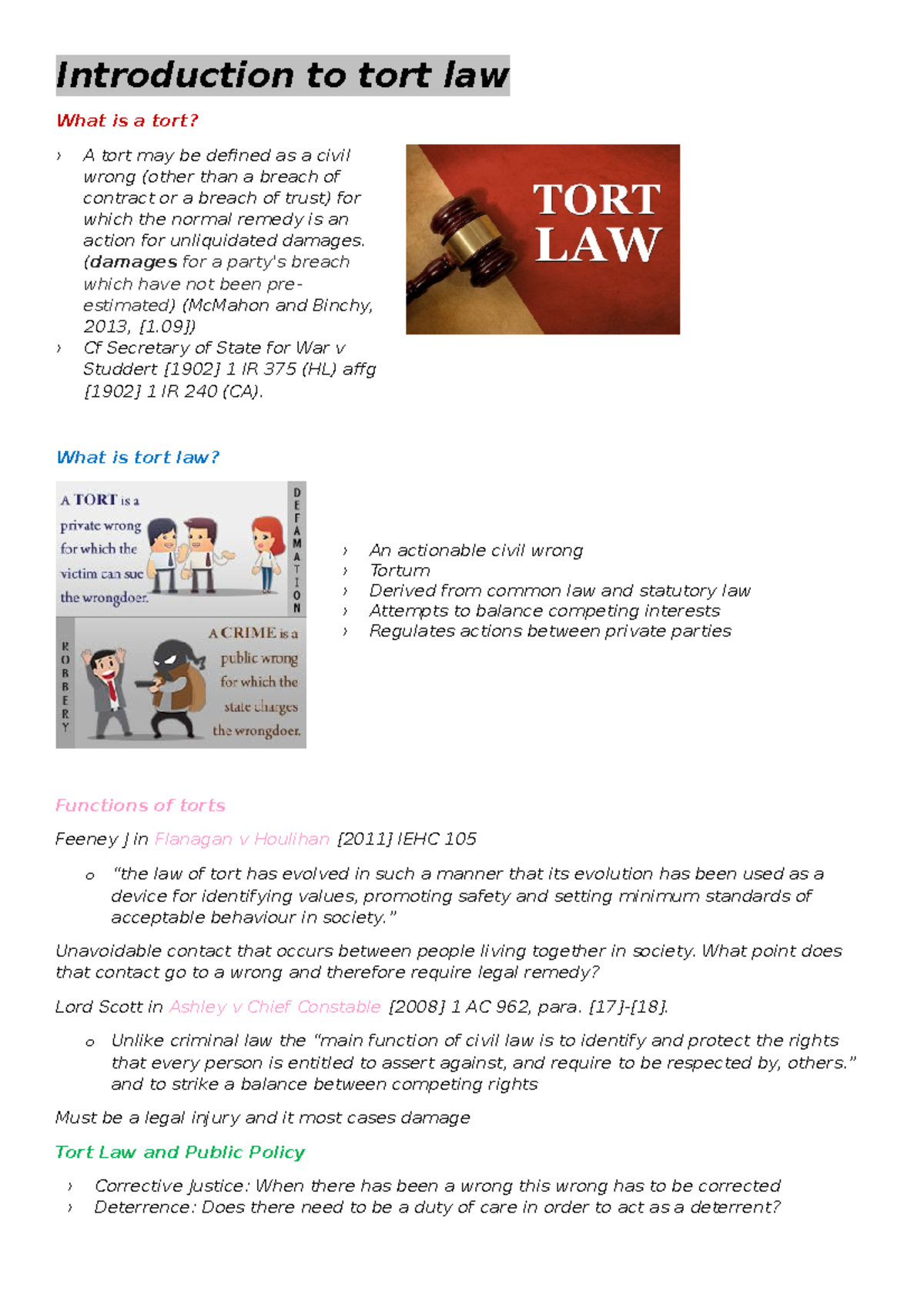 Law Of Torts Topic 1 Lecture Notes 1 Introduction To Tort Law What