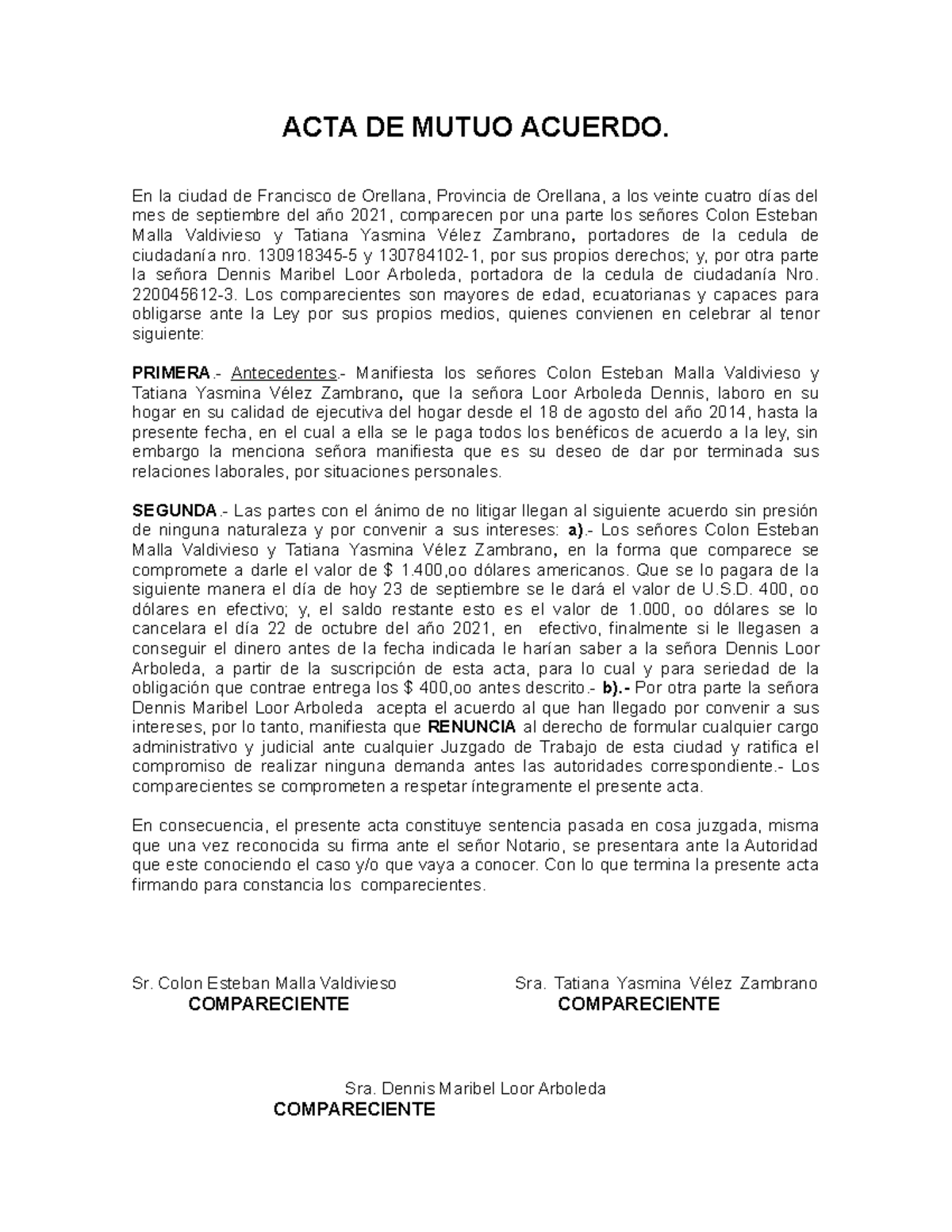 Acta De Mutuo Acuerdo Acta De Mutuo Acuerdo En La Ciudad De