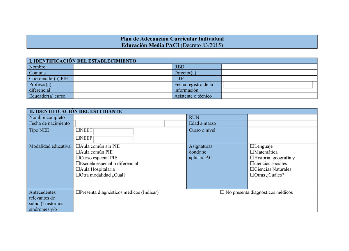 Formato Paci 4° Medio Docx · Versión 1 Plan De Adecuación Curricular