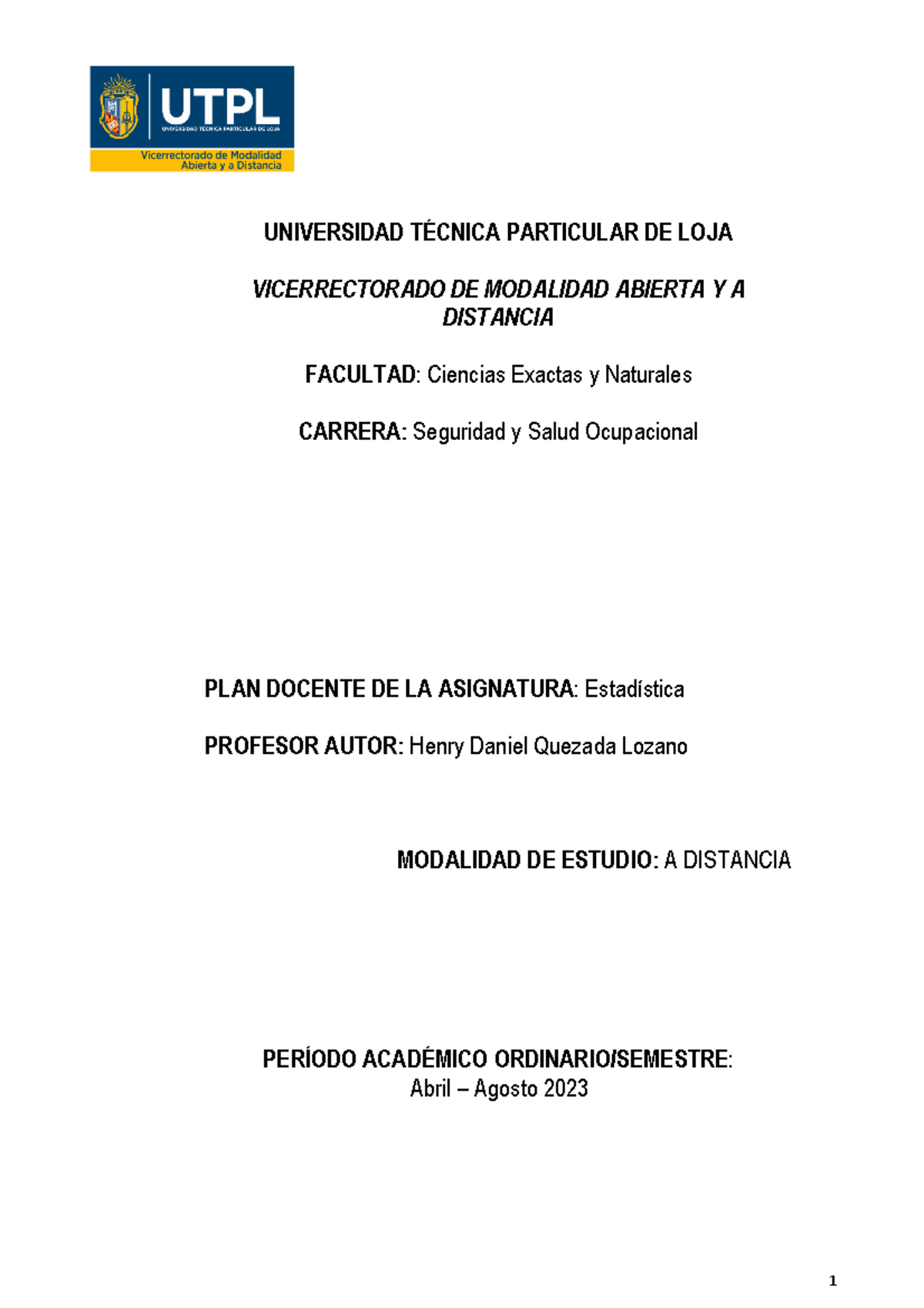 Plan Docente Universidad TÉcnica Particular De Loja Vicerrectorado De