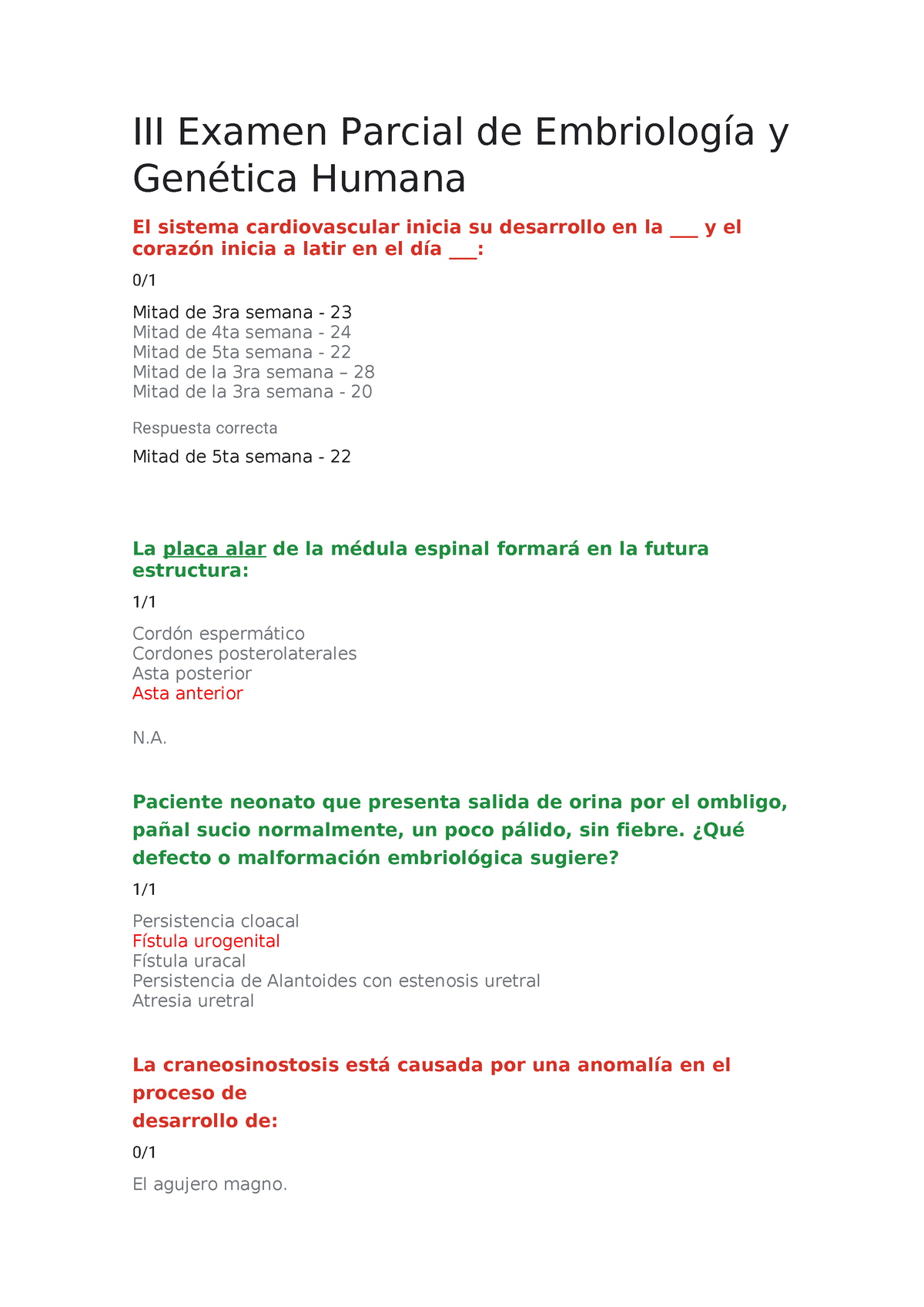 Iii Examen Parcial De Embriología Y Genética Humana Iii Examen