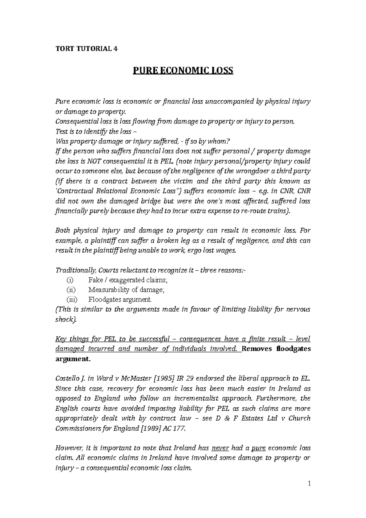 Tutorial 4 Pure Economic Loss Tort Tutorial 4 Pure Economic Loss Pure