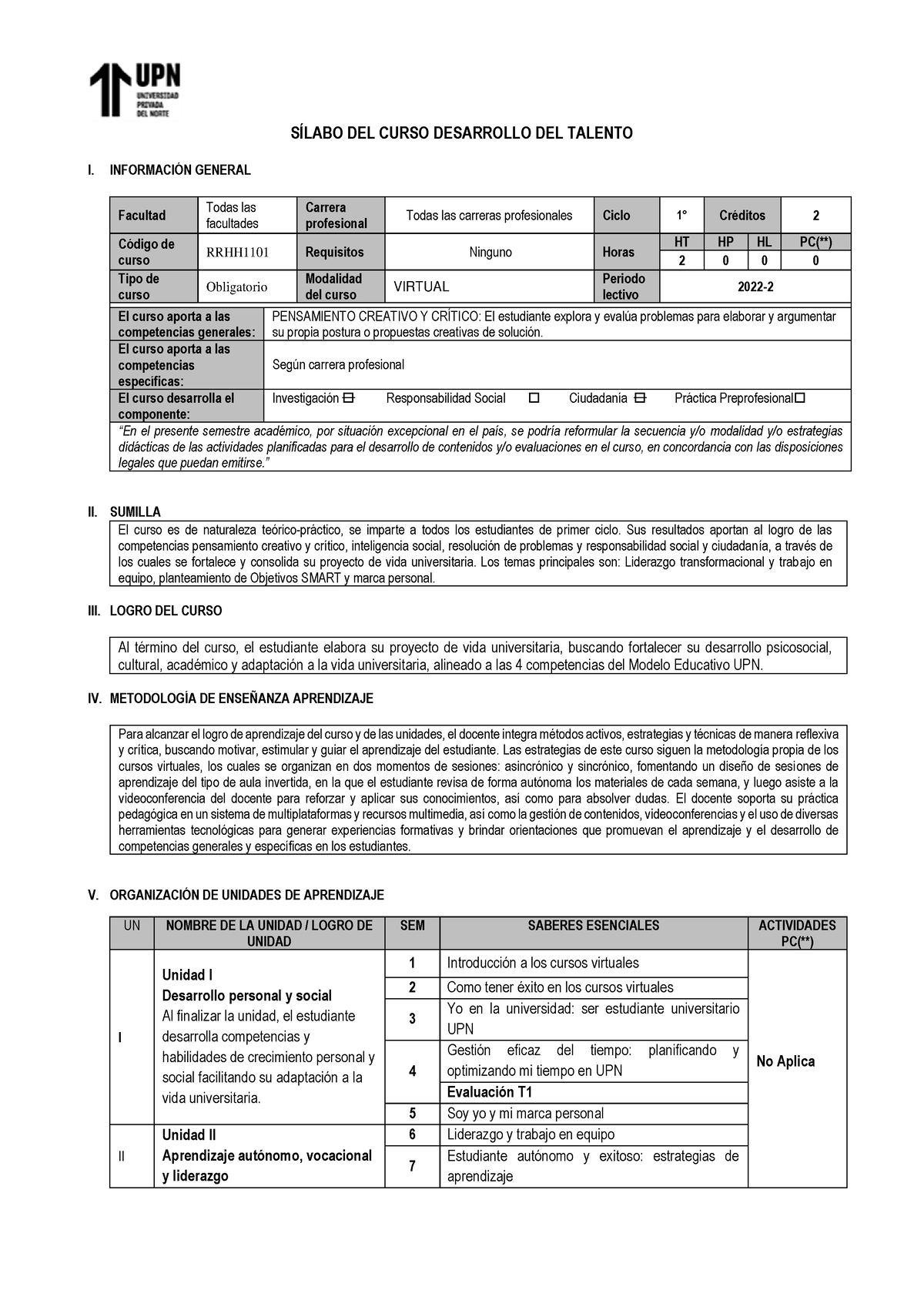 Silabo De Desarrollo De Talento SÍlabo Del Curso Desarrollo Del