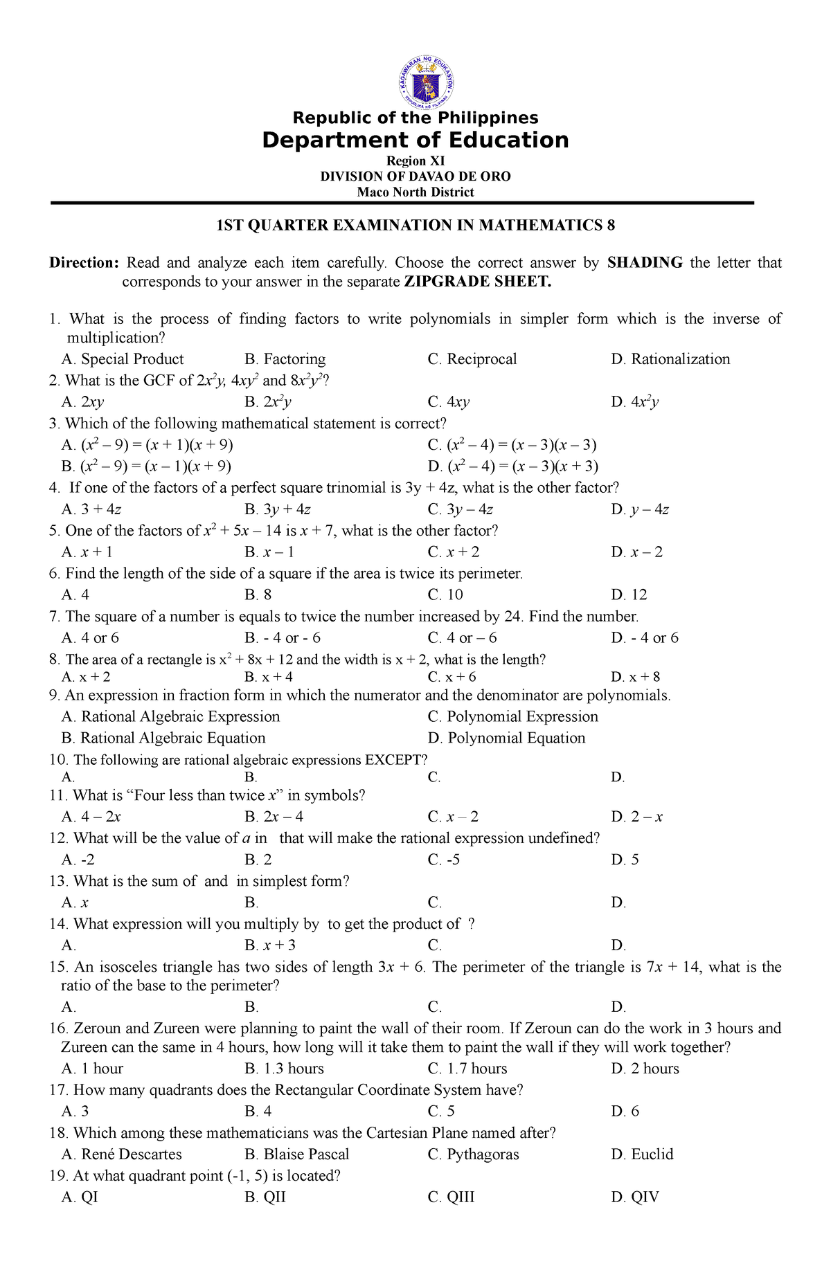 1st Quarter Examination In Math 8 Republic Of The Philippines