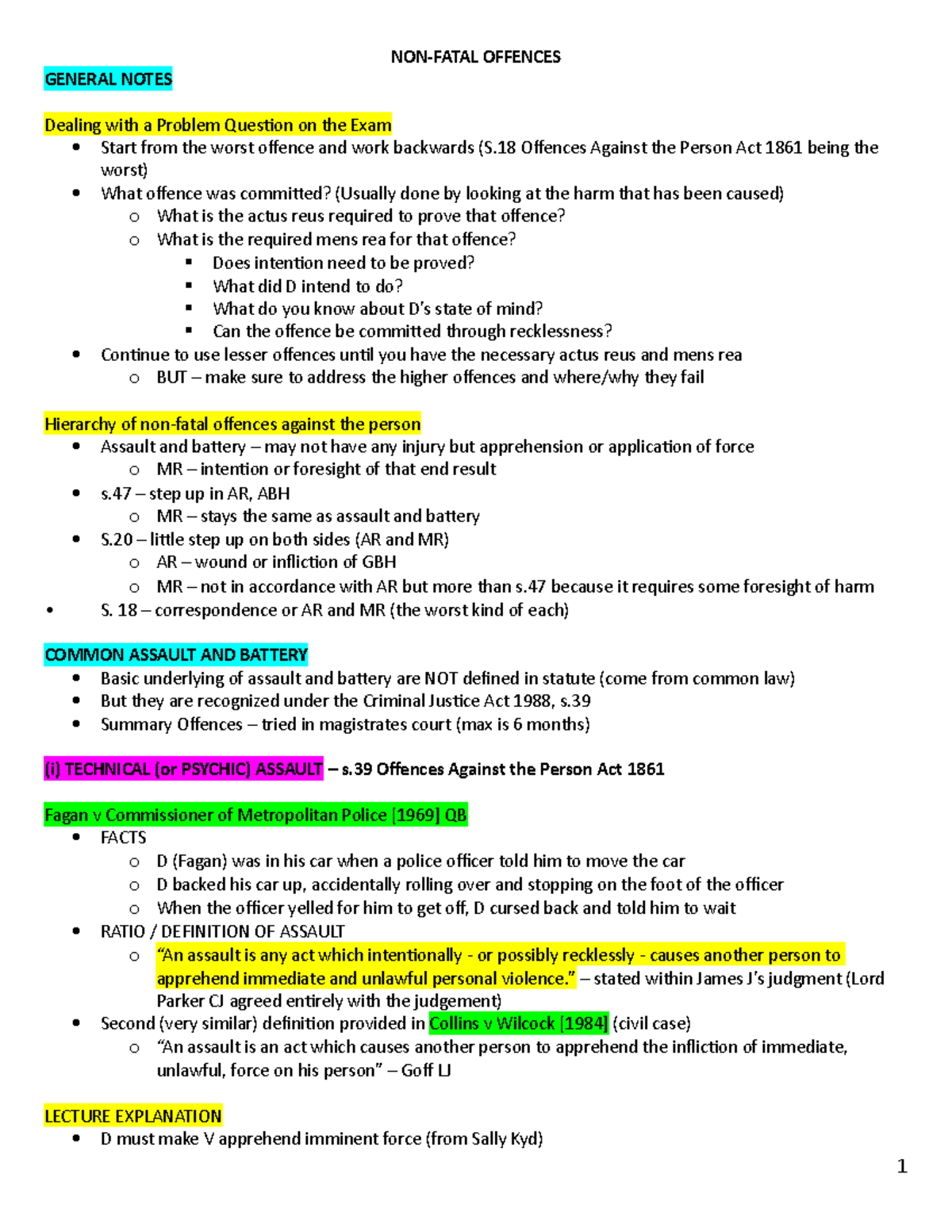 3 Non Fatal Offences Final Copy Non Fatal Offences General Notes