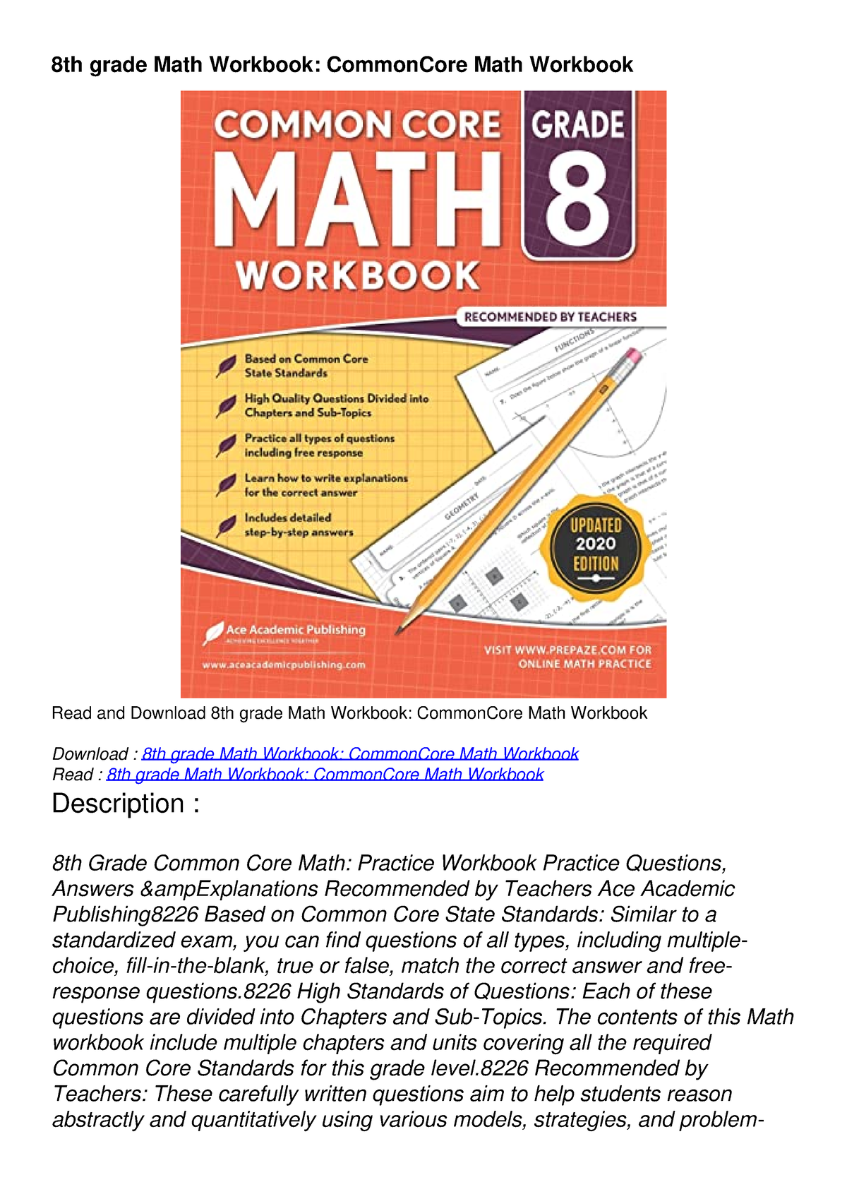 Pdf Read Online 8th Grade Math Workbook Commoncore Math Workbook