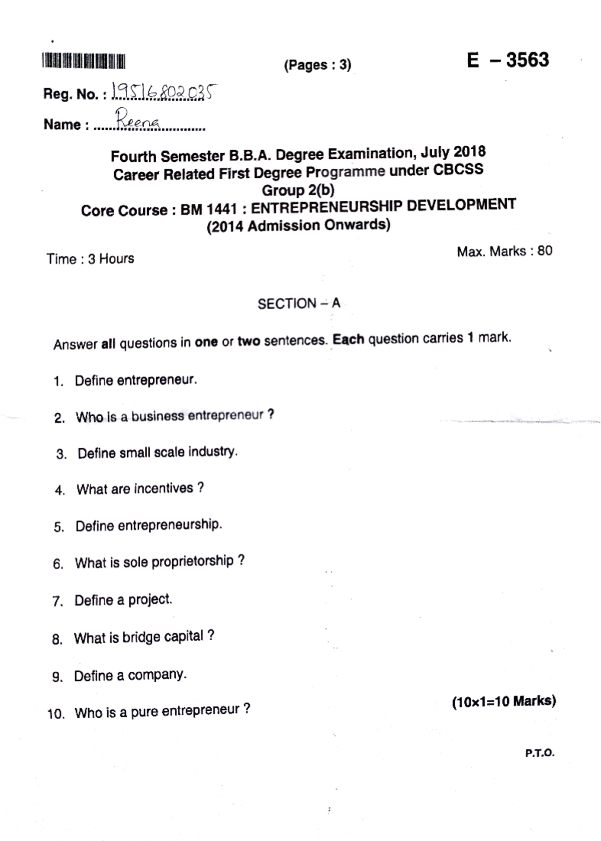 Entrepreneurship Development Previous Question Paper Bm 1441 E 3563