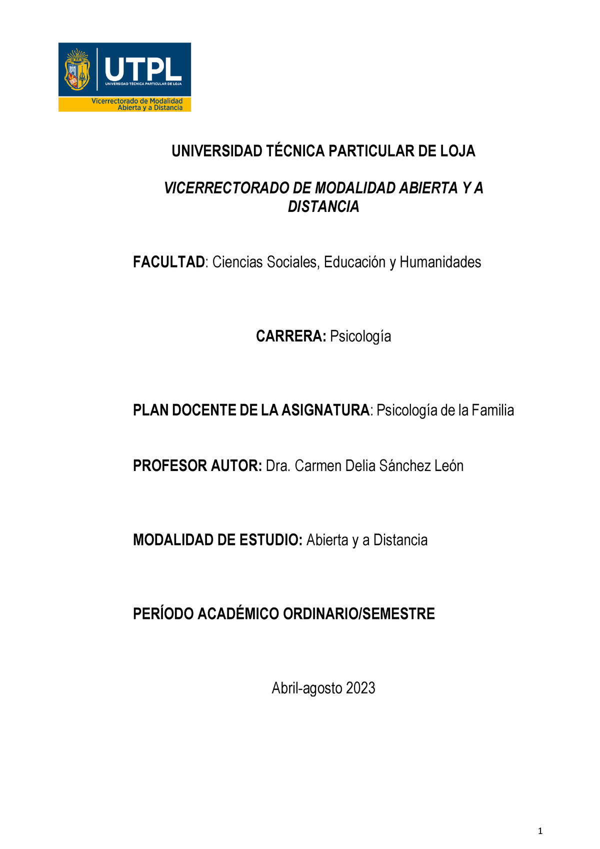 Plan Docente Universidad TÉcnica Particular De Loja Vicerrectorado De