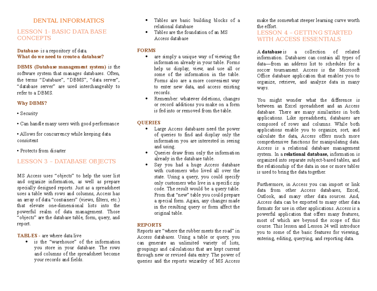 Dental Informatics Dental Informatics Lesson 1 Basic Data Base