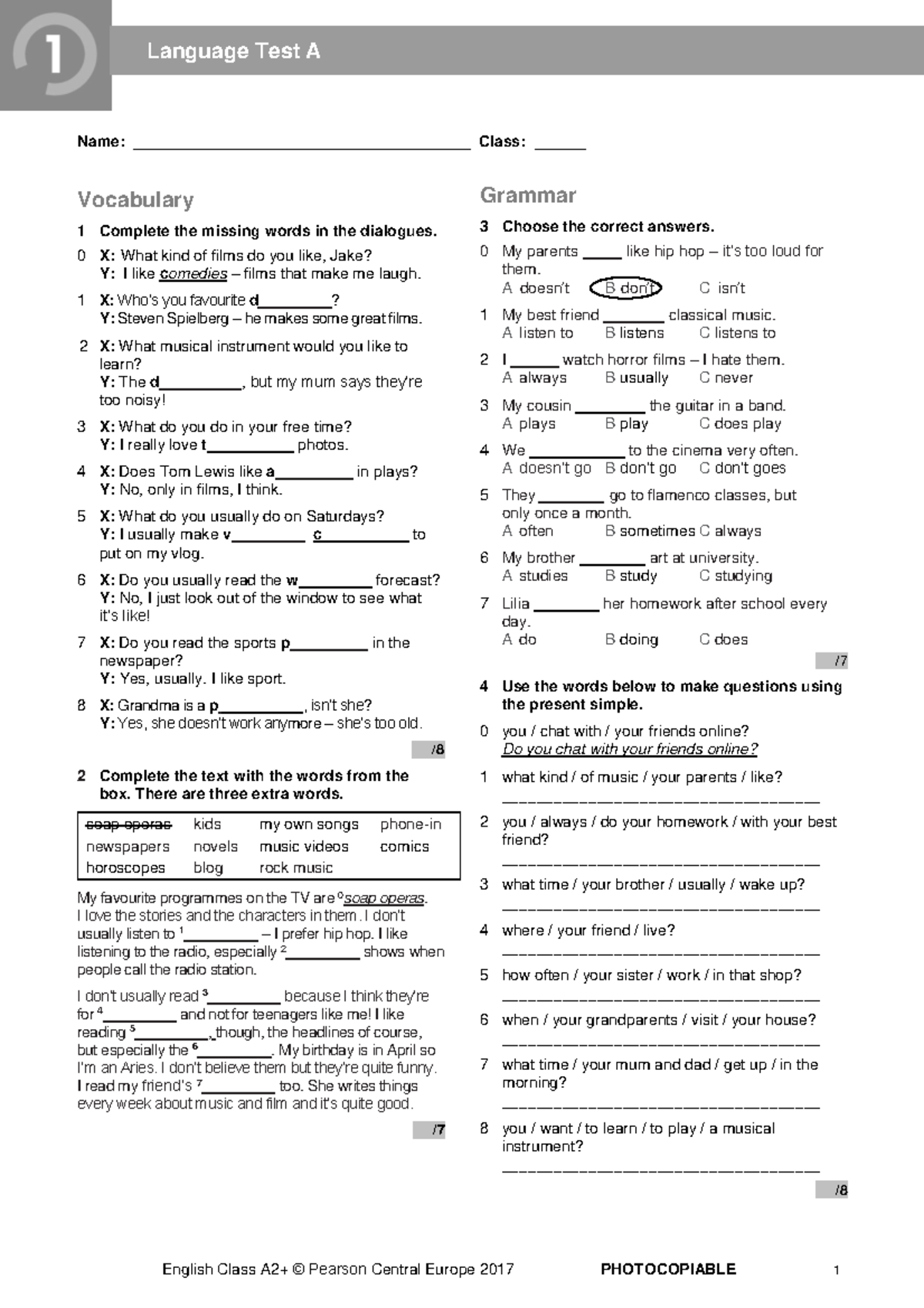 Eca2 Tests Language Test 1a English Class A2 © Pearson Central