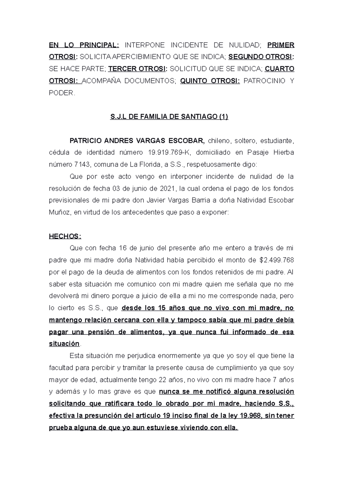 Escrito Nulidad En Lo Principal Interpone Incidente De Nulidad