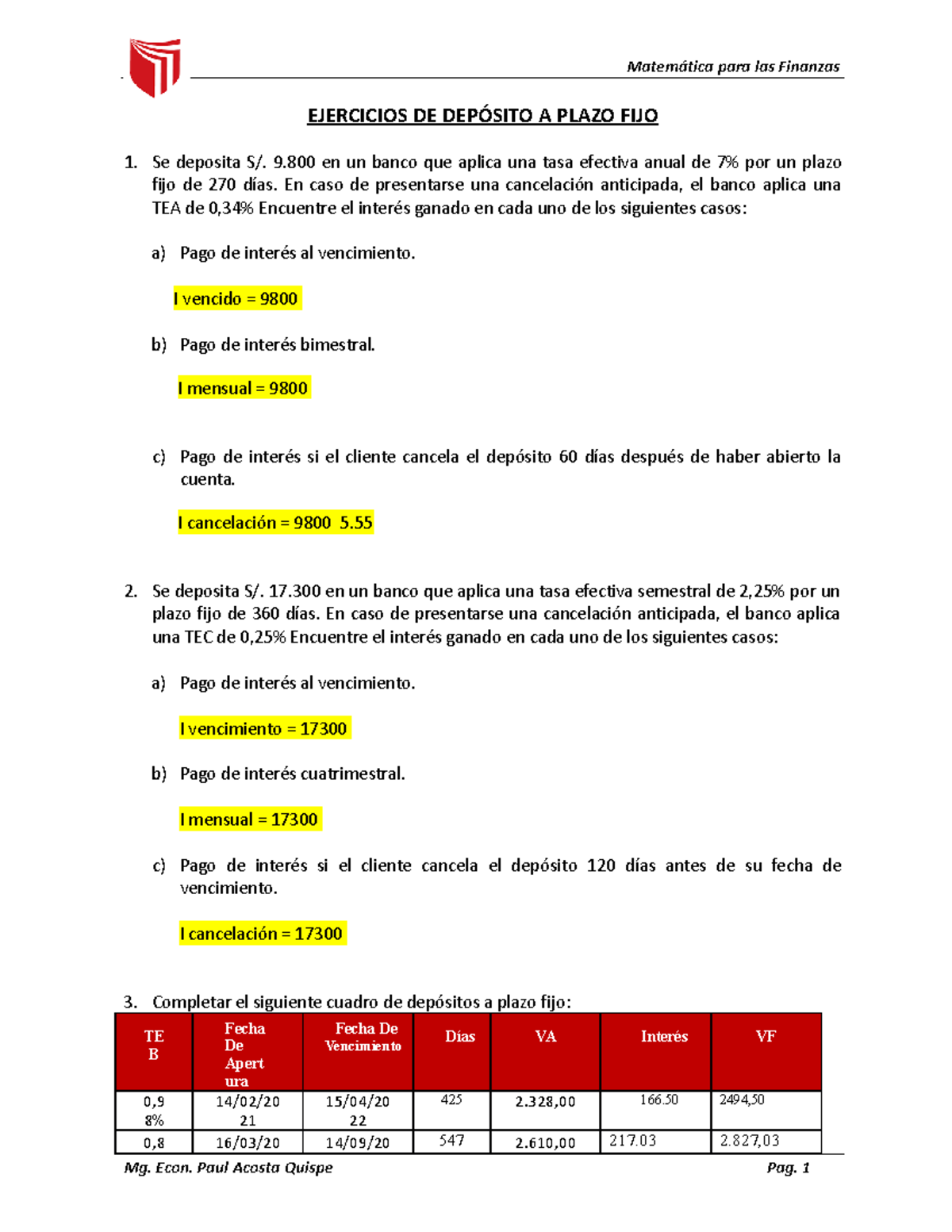 Semana 06 Ejercicios De Depósito A Plazo Fijo Matemática Para Las