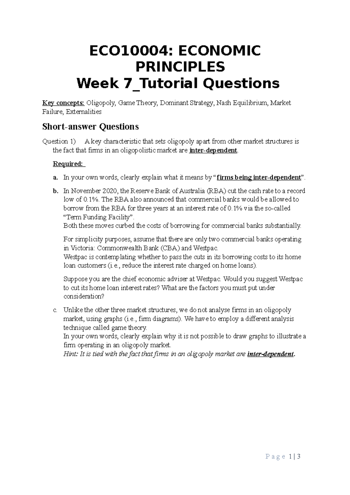 Eco 10004 Week 7 Tutorial Questions Eco10004 Economic Principles