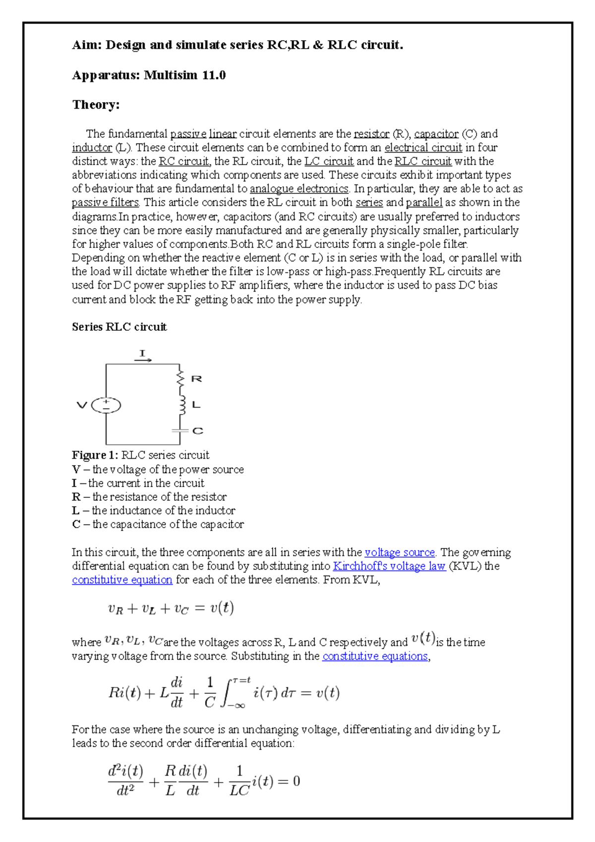 Experiment Of Design And Simulate Rc Rl And Rlc Circuit Aim Design