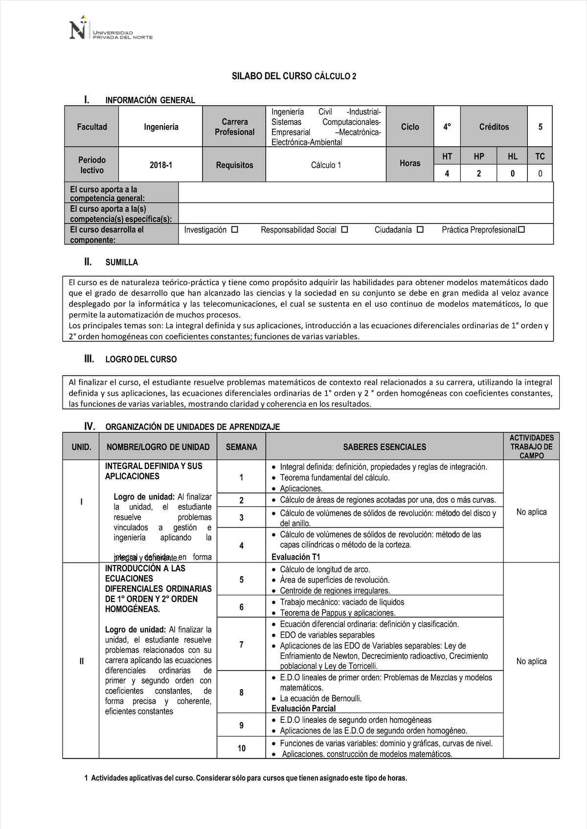 Sílabo Cálculo 2 11 Actividades Aplicativas Del Curso Considerar