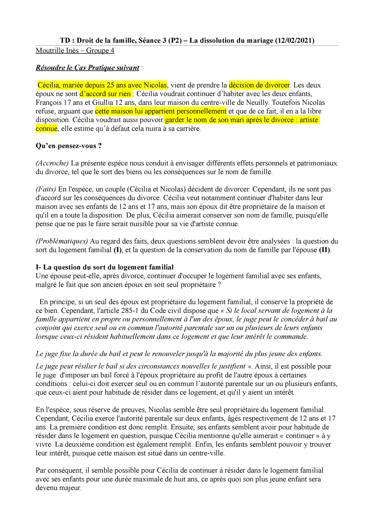 Cas Pratique Droit De La Famille Dissolution Du Mariage Td Droit De