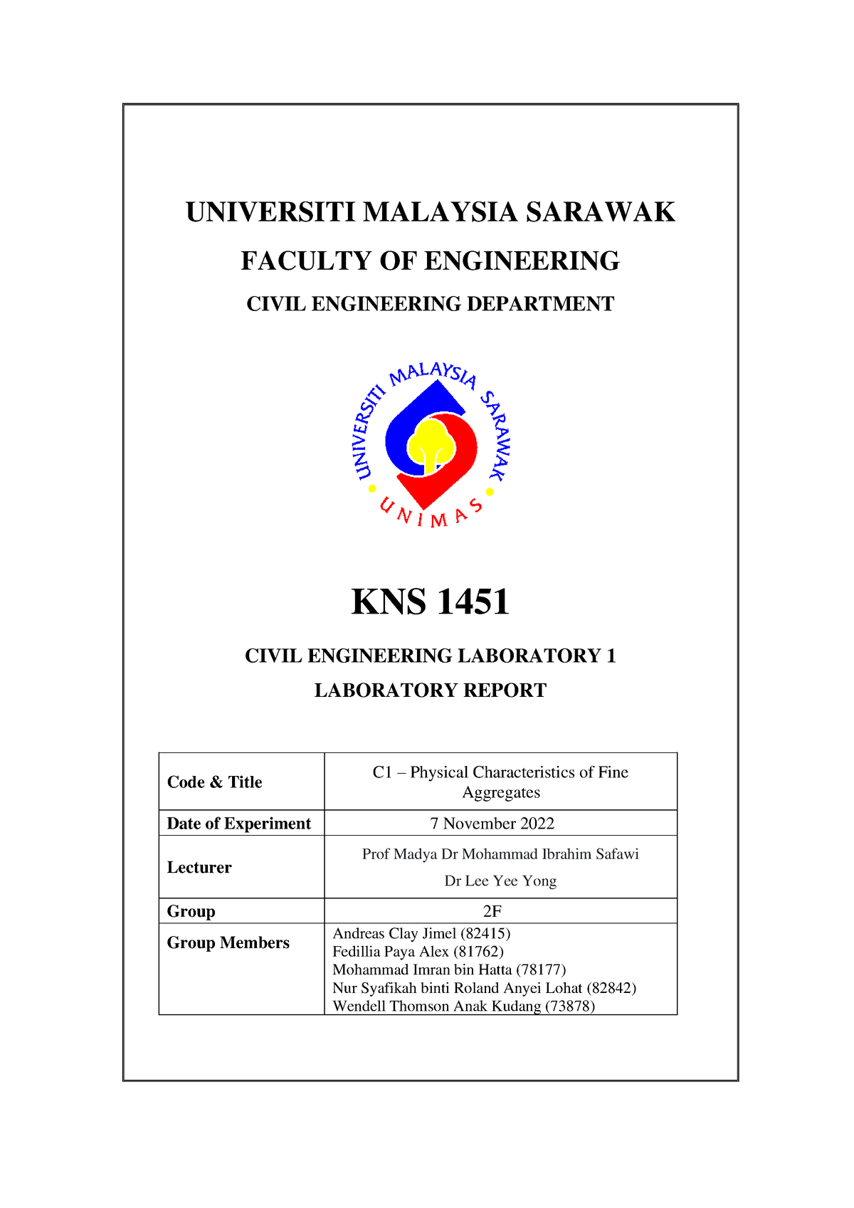 Concrete Lab Report Universiti Malaysia Sarawak Faculty Of