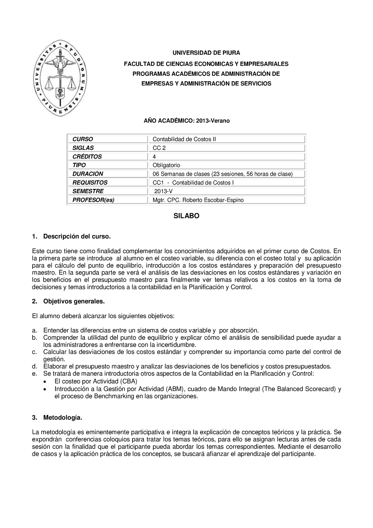 Sílabo Cc2 2013 V Sillabus Del Curso Contabilidad De Costos 2 Ade