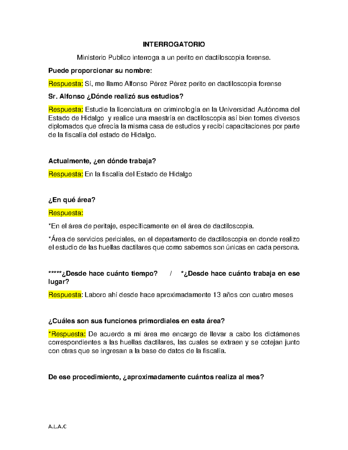 Interrogatorio A Un Perito Ala Interrogatorio Ministerio Publico