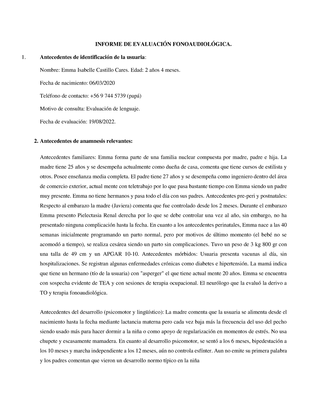 Informe De Evaluación Fonoaudiológica Emman Fonoaudiología Ua Studocu