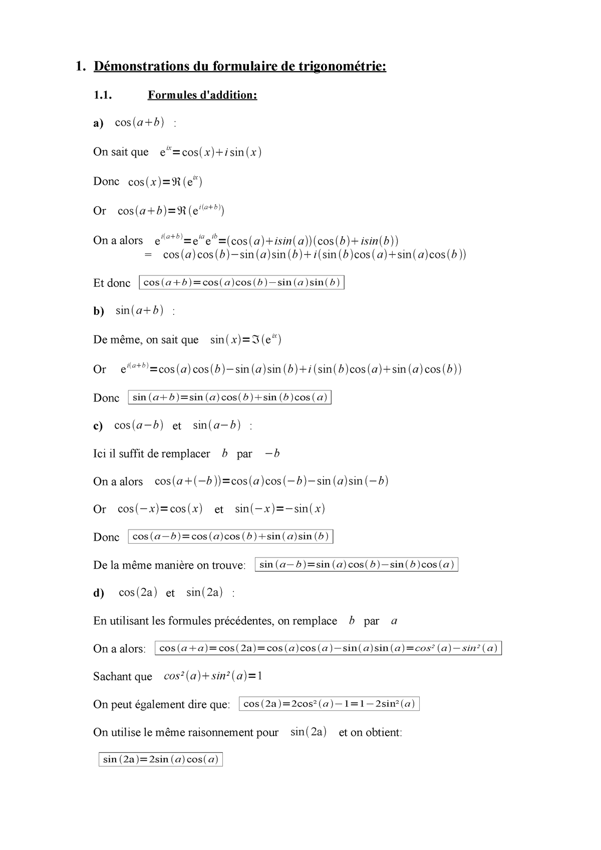 Démonstration Formules Trigo 1 Démonstrations Du Formulaire De