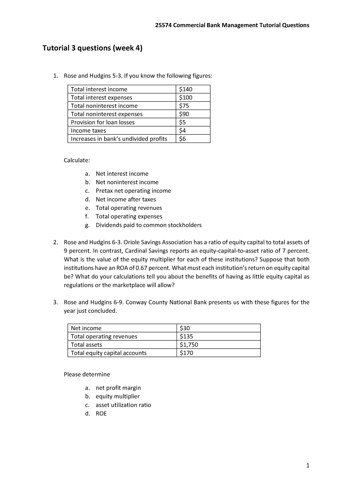 Tutorial 3 Questions 25574 Commercial Bank Management Tutorial