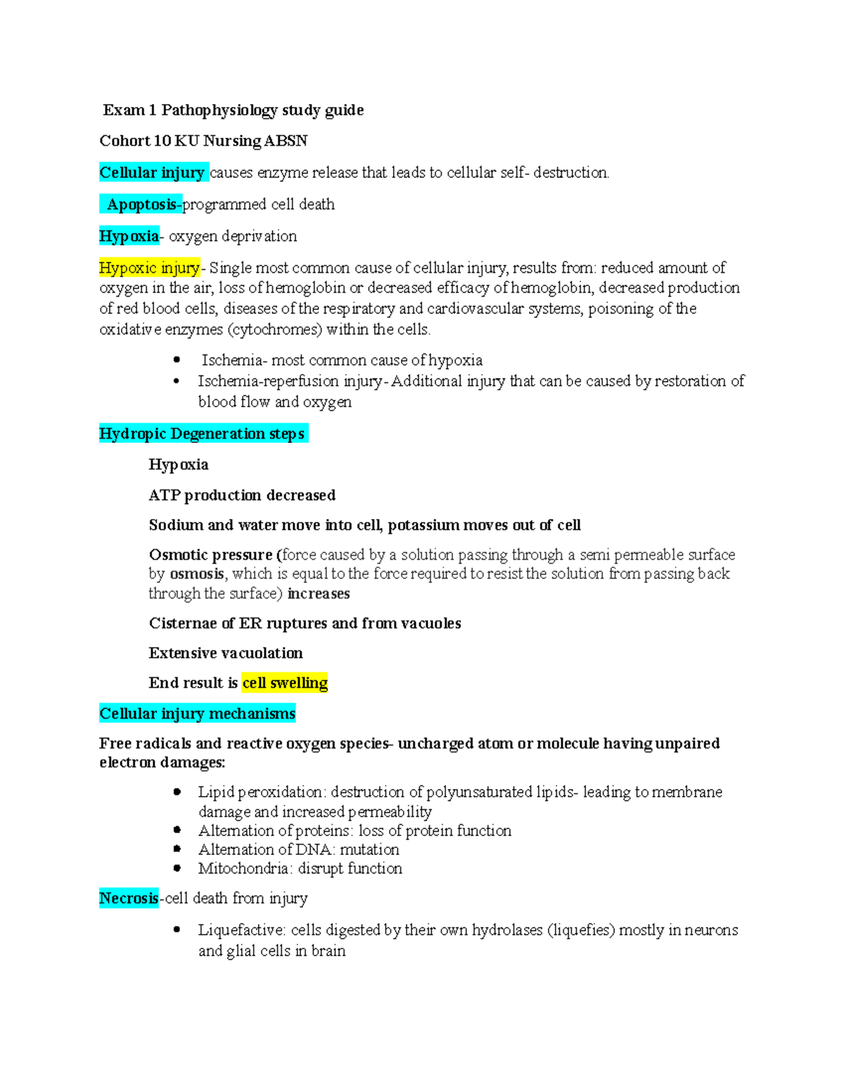 Patho Exam 1 Study Guide Exam 1 Pathophysiology Study Guide Cohort 10