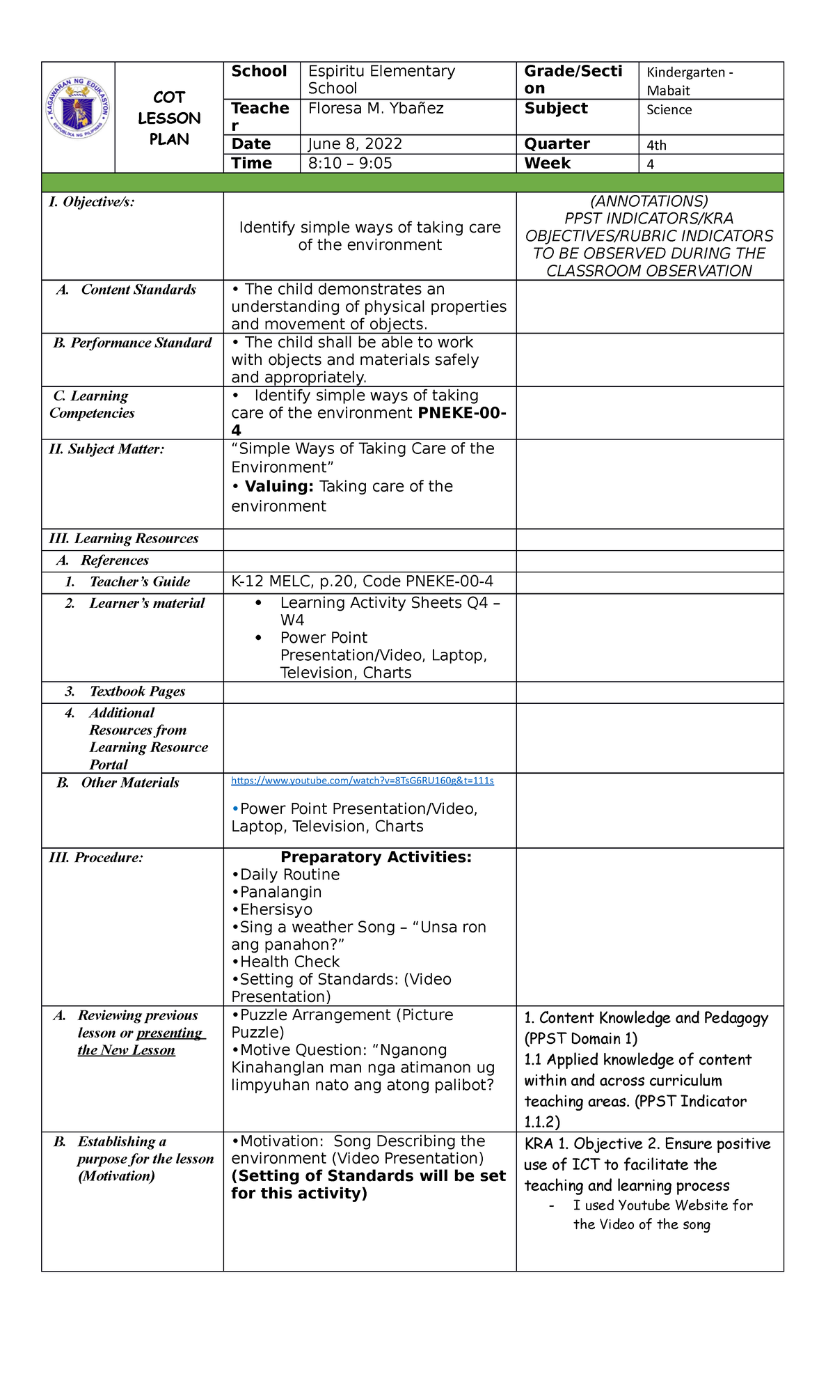 Cot Detailed Lesson Plan Filipino 1 Pdf