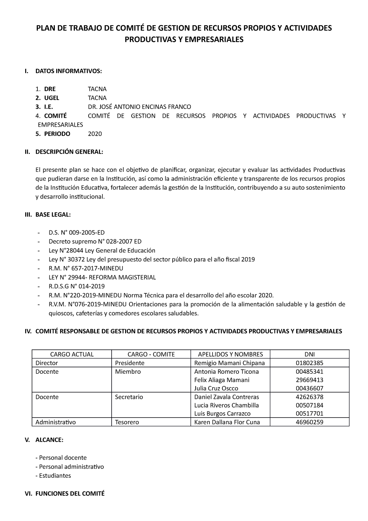 Plan De Trabajo De Comité De Gestion De Recursos Propios Y Actividades