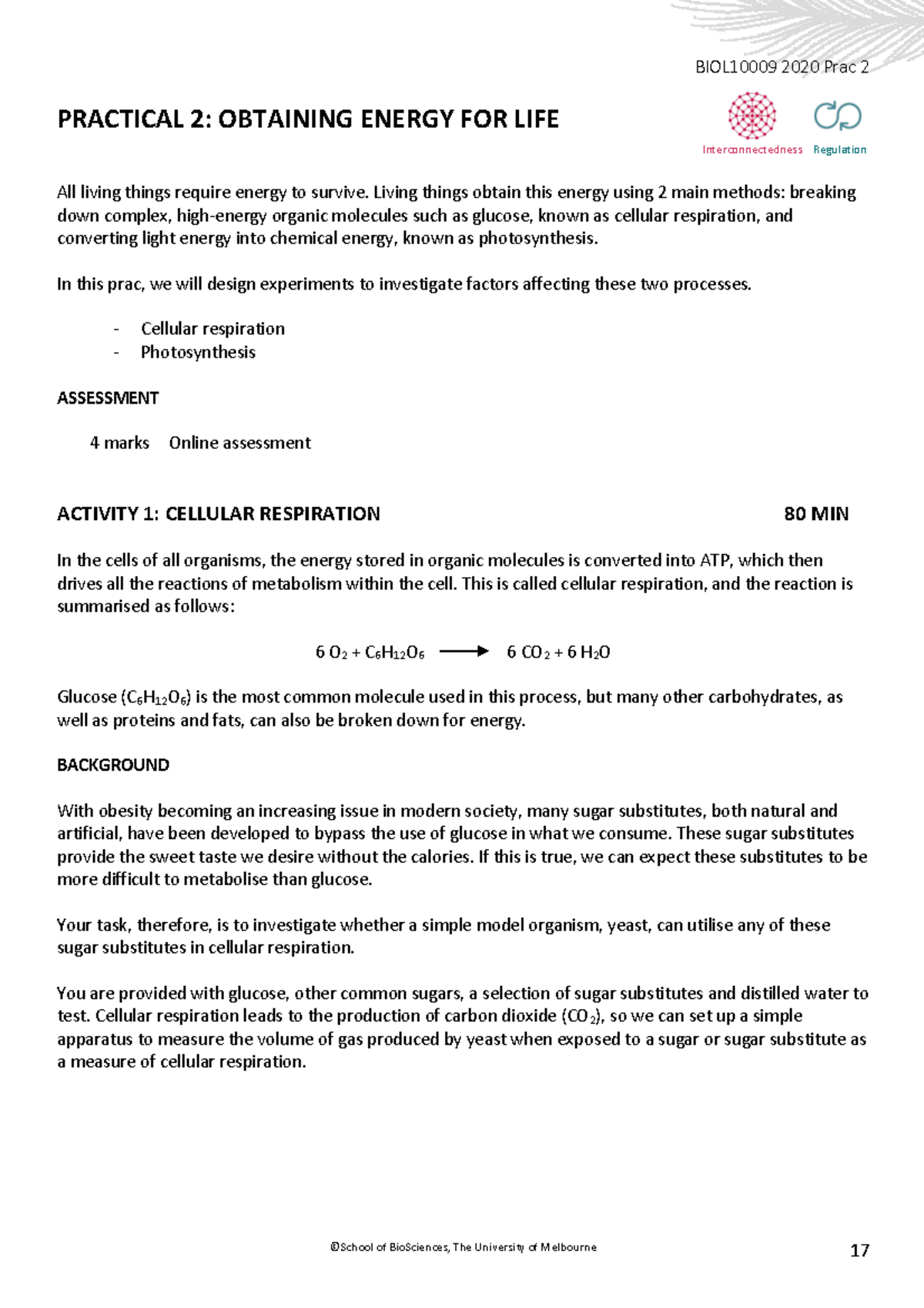 Biol10009 Practical Manual 2020 Prac 2 Student Practical 2 Obtaining