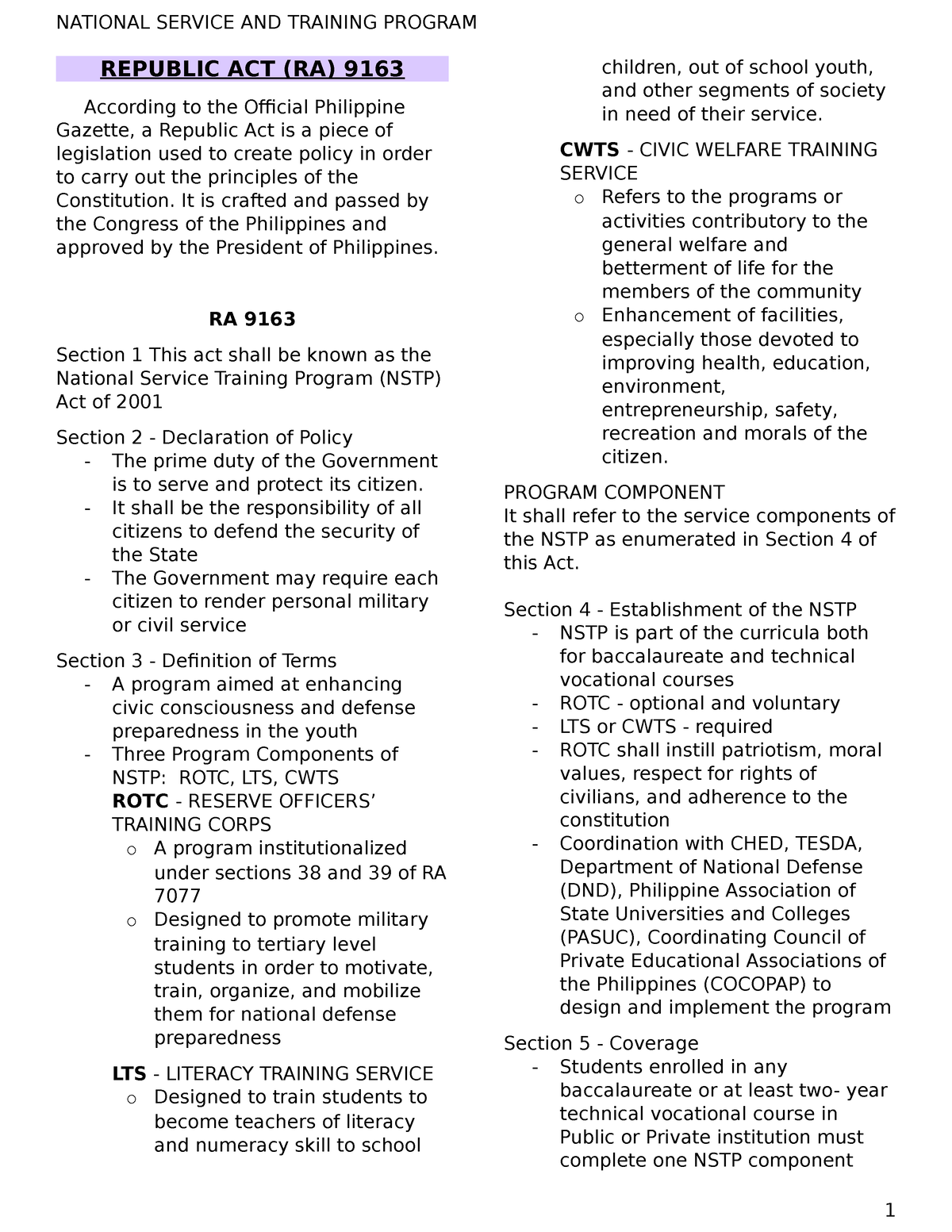 17 Republic Act 9163 National Service And Training Program Republic