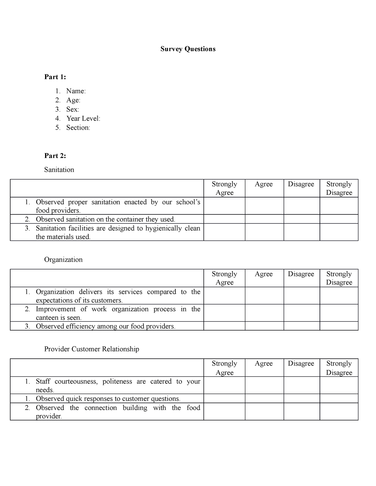 Survey Questions Survey Questions Part 1 Name Age Sex Year Level