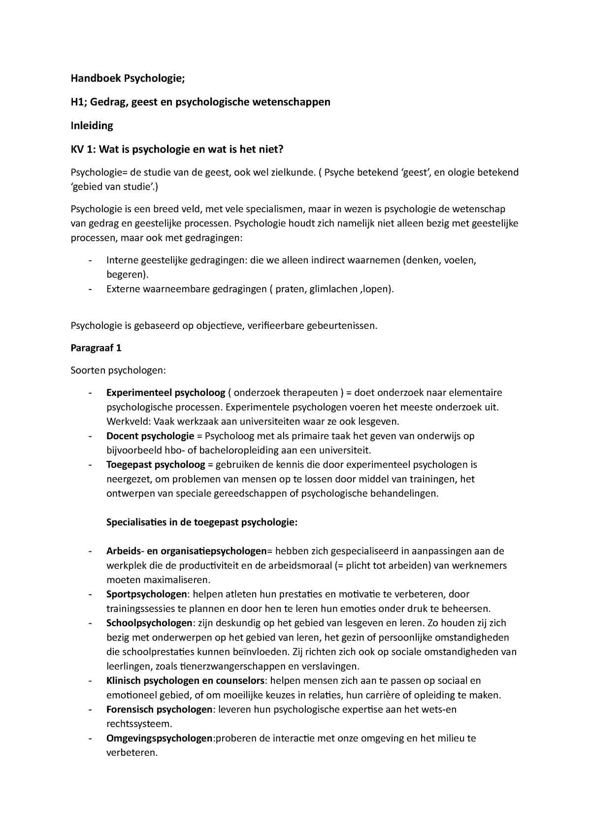 Psychologie Samenvatting H1 Handboek Psychologie H1 Gedrag Geest